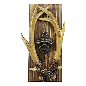 Ebros Rustic Western Faux Entwined Hunter's Stag Deer Antlers Trophy Mounted On Wood Plank Vintage Style Soda Beer Bottle Cap Cast Metal Opener 10.75" High Buck Deers Cabin Lodge Country Wall Plaque