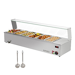 ROVSUN 48QT Electric Commercial Food Warmer, 6-Pan Steam Table 8QT/Pan Stainless Steel Bain Marie Countertop w/Acrylic Shield Temperature Control & Lid for Buffet Party Catering Restaurant 1500W 110V