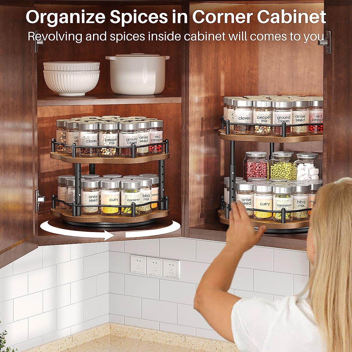 Lazy Susan Spice Rack Organization for Cabinet - Adjustable Height Lazy Turntable Spice Organizer for Countertop Kitchen Pantry Storage, 2 Tier 10 Inch Seasoning Organizer, Black