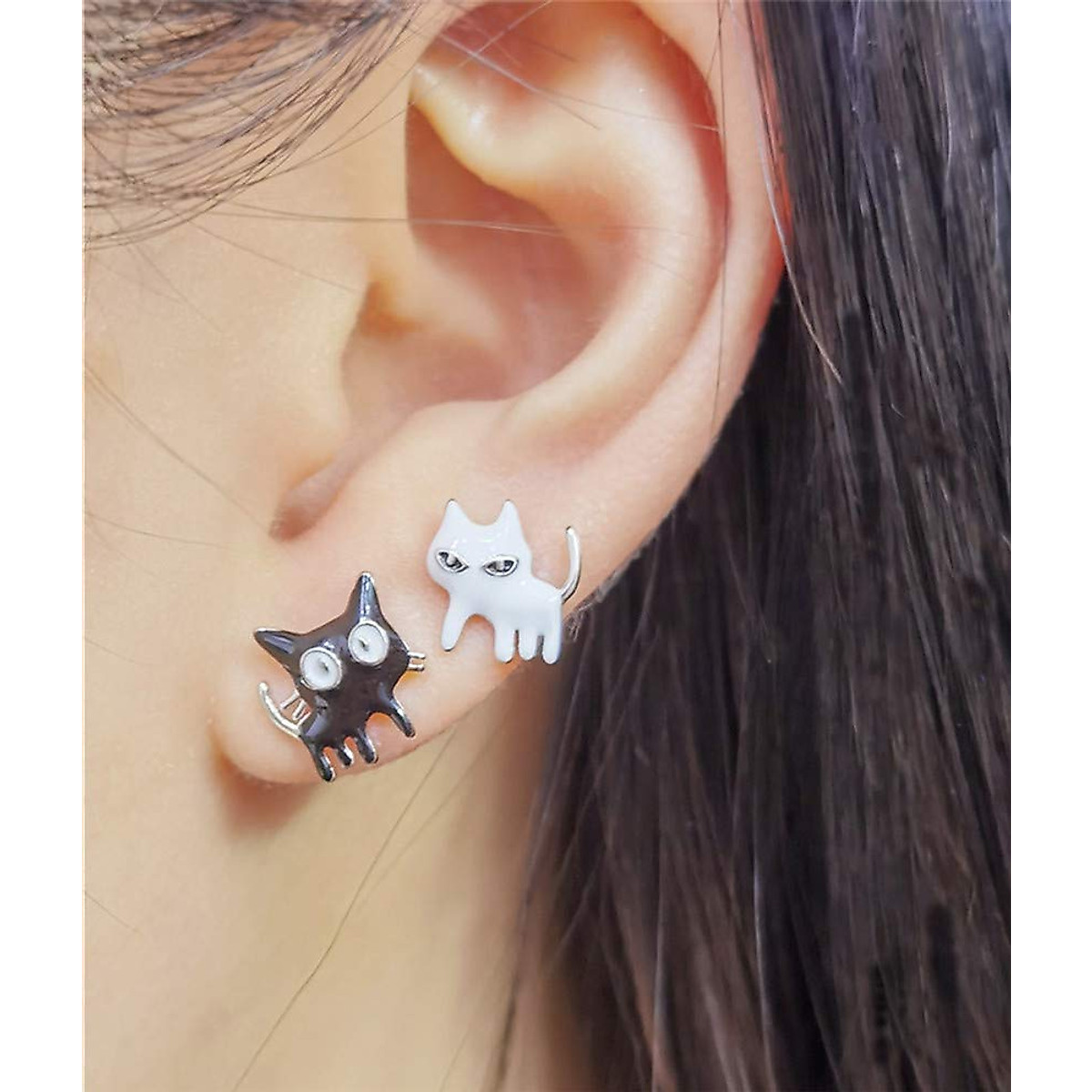 Asymmetrical Black White Cat Earrings for Women Girls 925 Sterling Silver Enamel Cats Kitten Cute Animal Small Studs Earring Hypoallergenic Lovely Jewelry Gift for Pet Lover