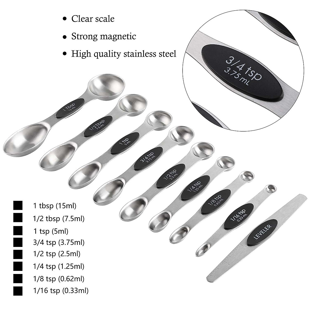 Magnetic Measuring Cups and Spoons Set Including 7 Stainless Steel Stackable Measuring Cup 8 Double Sided Magnetic Measuring Spoons with 1 Leveler for Dry and Liquid Ingredients (black)