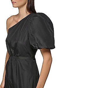 Karl Lagerfeld Paris Women's Taffeta Sheath with One Shoulder Puff Sleeve, Black