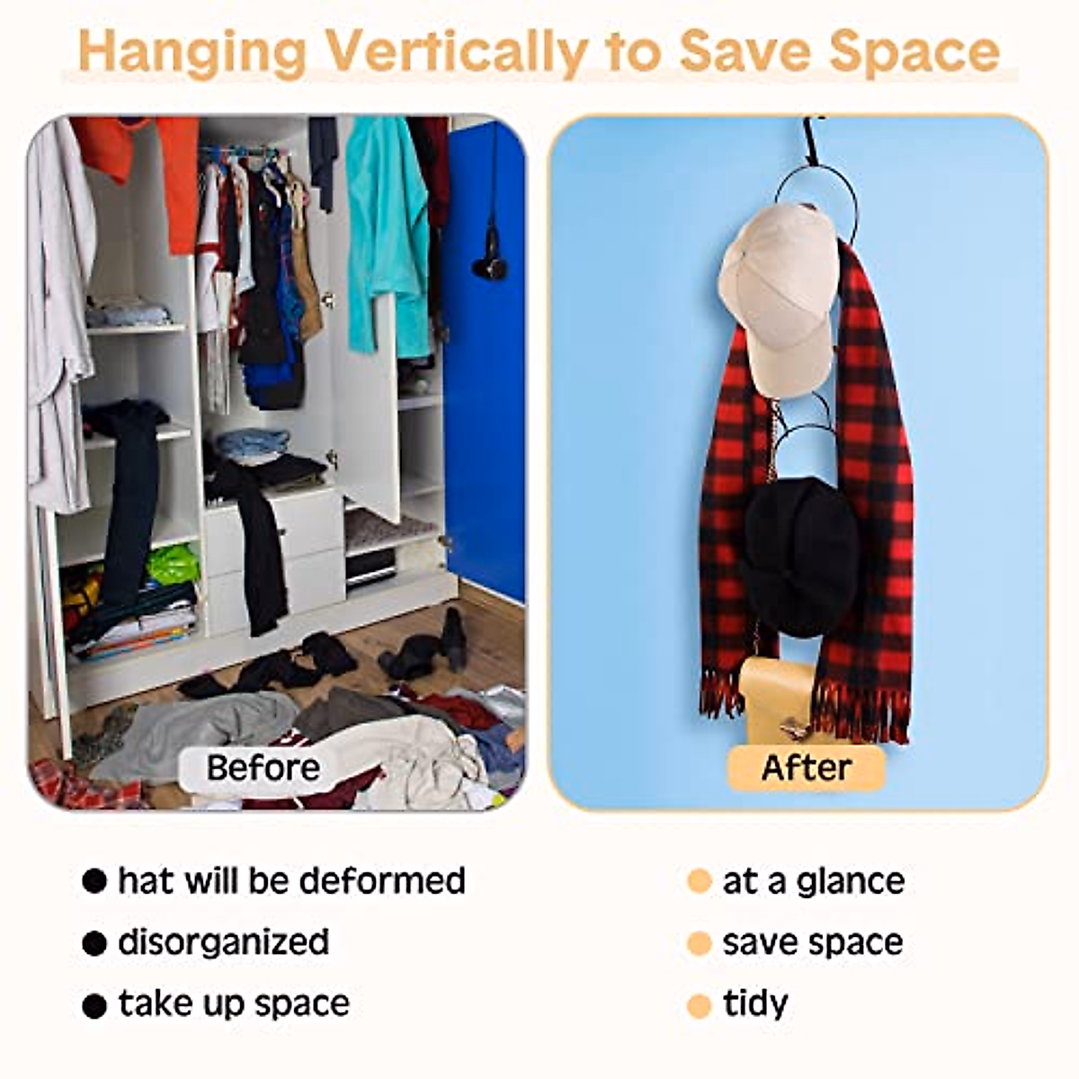 Kenning 20 Pcs Hat Rack Hanger Holder Organizer and Hooks, Closet Hanging Hat Storage Rack, Over Door Wall Mounted Cap Holder