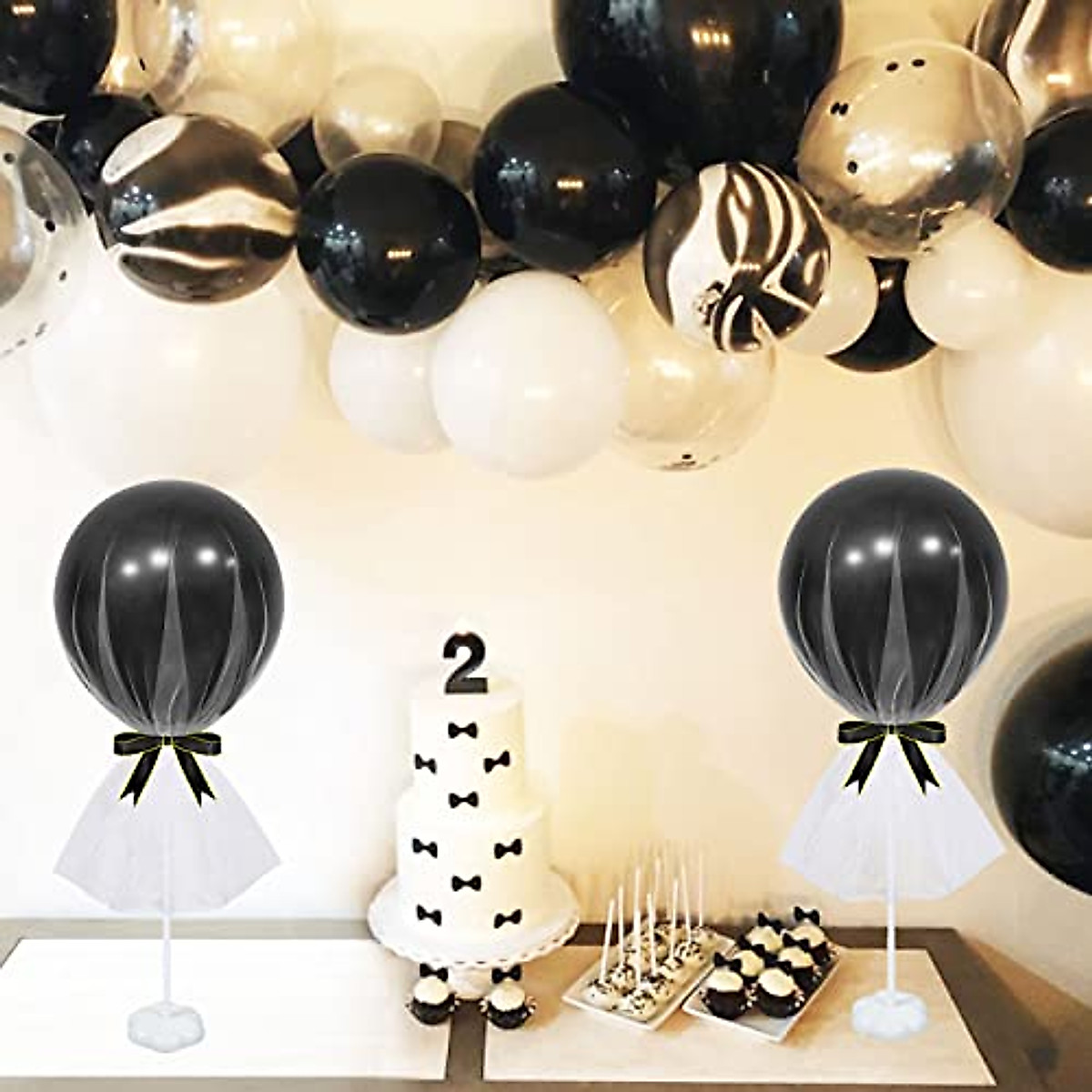 Elecrainbow White Black Party Supplies, 6 Pack Tutu Tulle Balloon Centerpieces Set for Birthday Wedding Engagement Bridal Shower Baby Shower Gender Reveal New Year Table Party Decorations,44 Units
