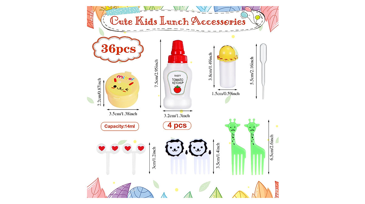 Kids Bento Box Accessories with Food Picks & Mini Bottles | Safe & Cute