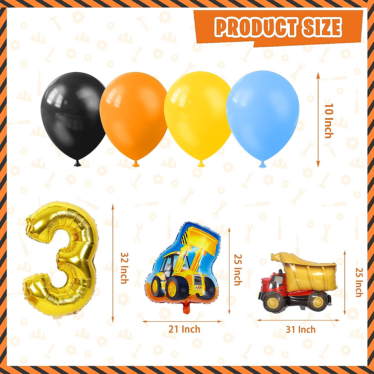 Construction Birthday Party Supplies for 3, 136 Pcs Dump Truck Party Decorations for Boys Baby,Backdrop, Banner, Cake, and Cupcake Toppers, Balloons, Party Traffic Signs, Tablecloth