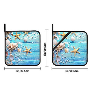 Beach Theme Sea Shell Wooden Pot Holders Set of 2 Heat Resistant Hot Pot Holder Pads Kitchen Potholder for Cooking and Baking