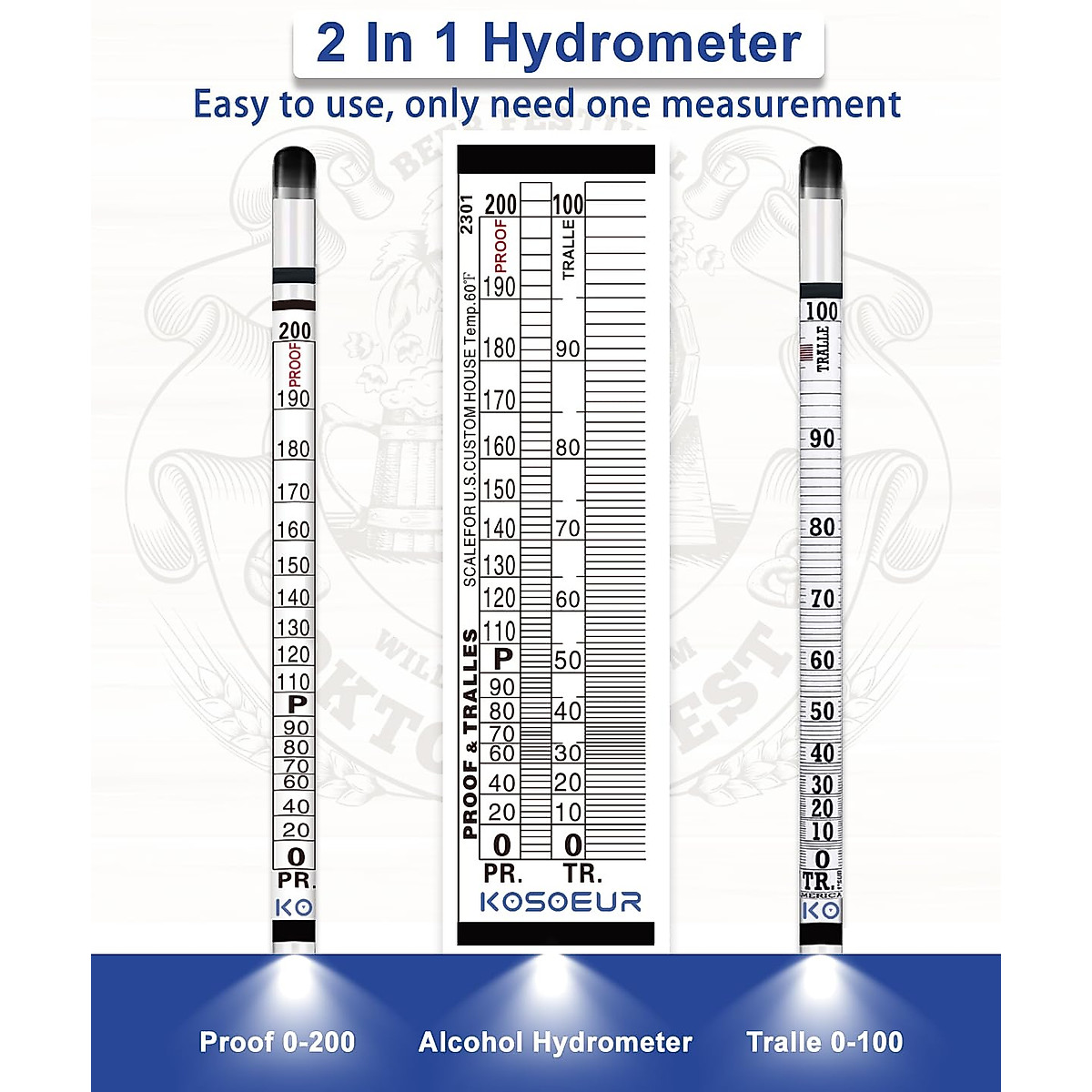 Hydrometer Alcohol Meter Kit, Hydrometer Alcohol 0-200 Proof and Tralle, Alcohol Tester for Liquor, Alcohol Hydrometer for Moonshine, Liquor, Spirits, Proofing, Distilling, with Hydrometer Test Jar