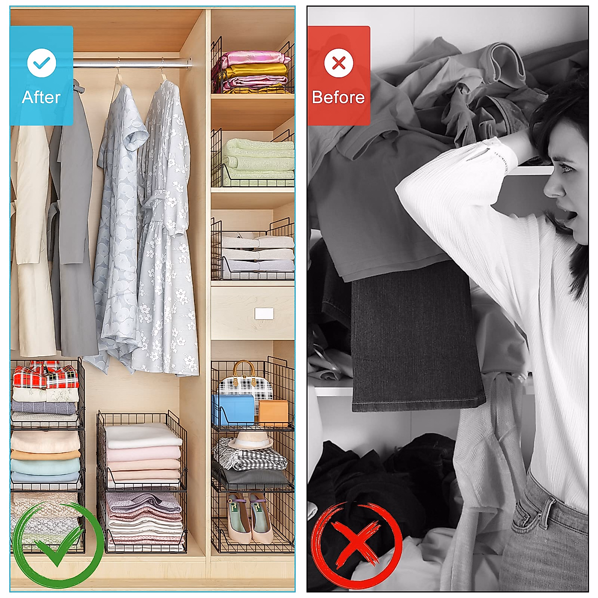 Jakyitvi Stackable Closet Organizers and Storage Bins 4 Pack, Folded Drawer Shelf Organizer for Closet Wardrobe, Sturdy Metal Clothes Storage Container for Clothes Pants Sweaters, Black