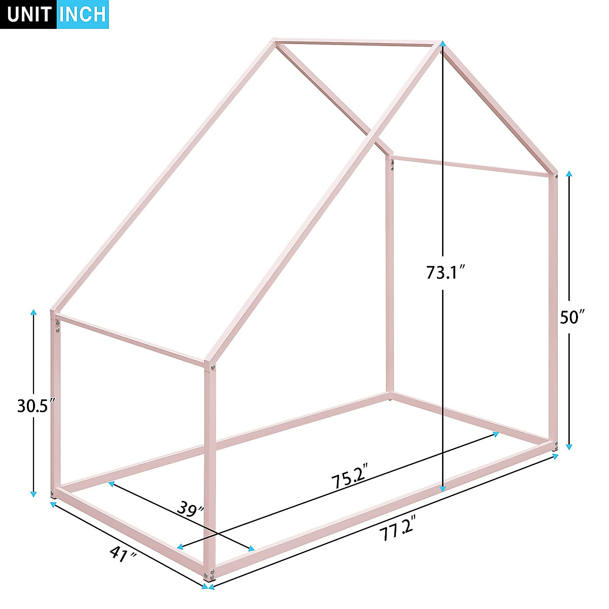 Montessori Floor Bed with Roof, Heavy Duty Metal Floor Bed/Montessori Bed with Playhouse Design, Twin Floor Bed for Kids, Girls, Boys(Not Include Slats), Pink Floor Bed Twin Size