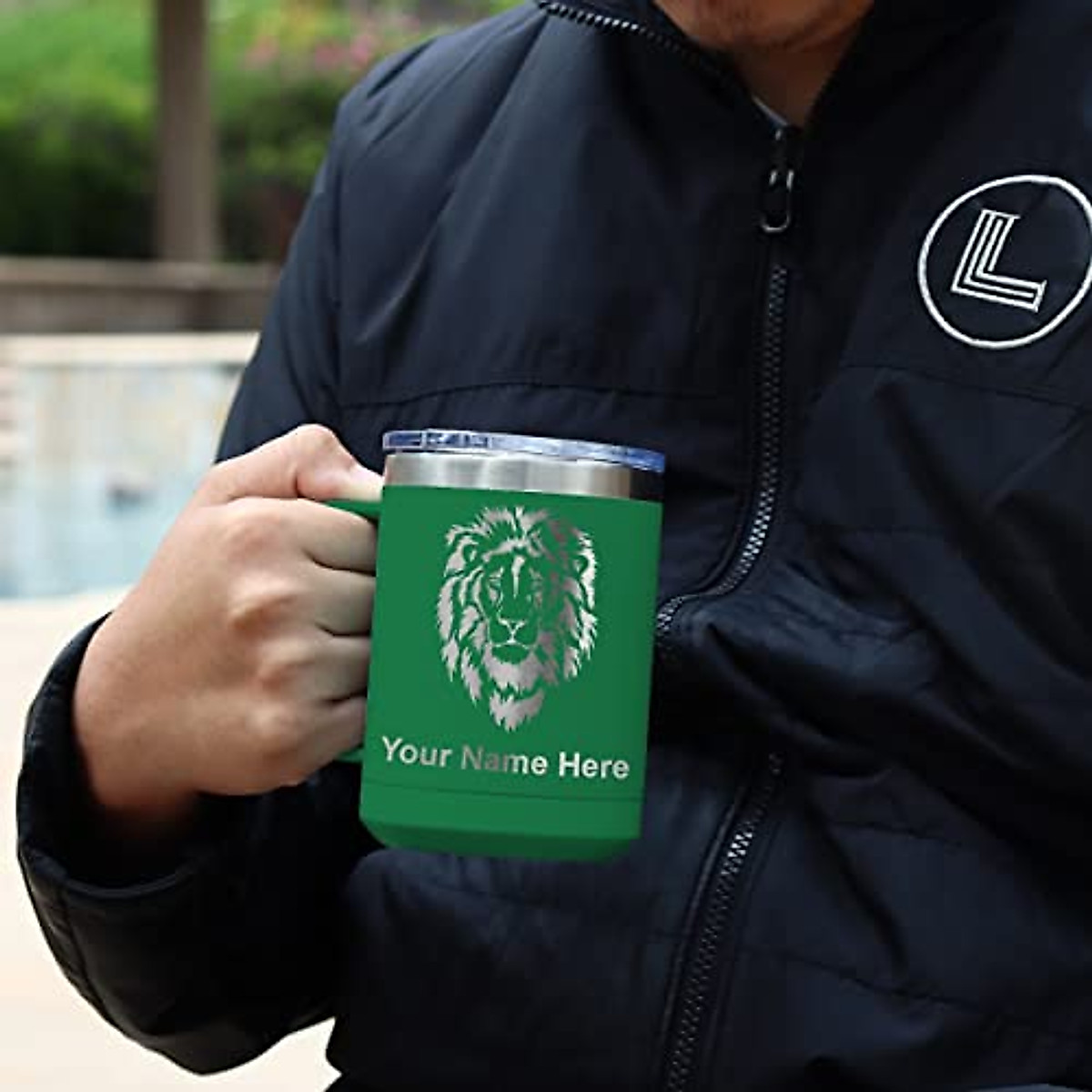 LaserGram 15oz Vacuum Insulated Coffee Mug, Soccer Ball, Personalized Engraving Included (Green)