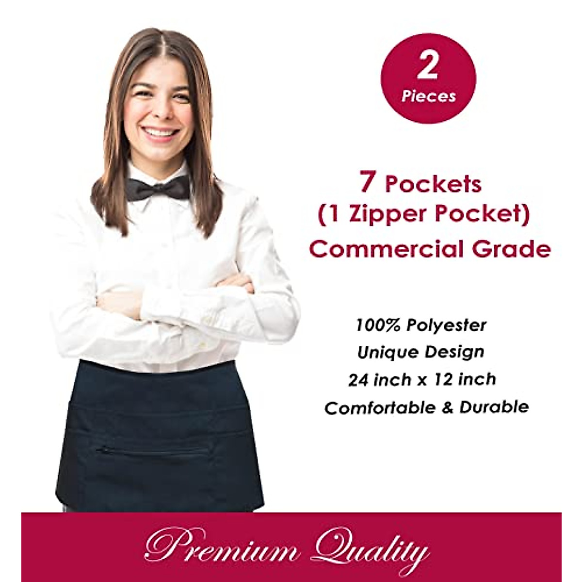 TEXVIDA 7 Pockets Server Aprons with Zipper Pocket (2 Pack) - Commercial Grade Aprons for Women Men - Waiter Waitress Waist Half Apron - Black 24x12