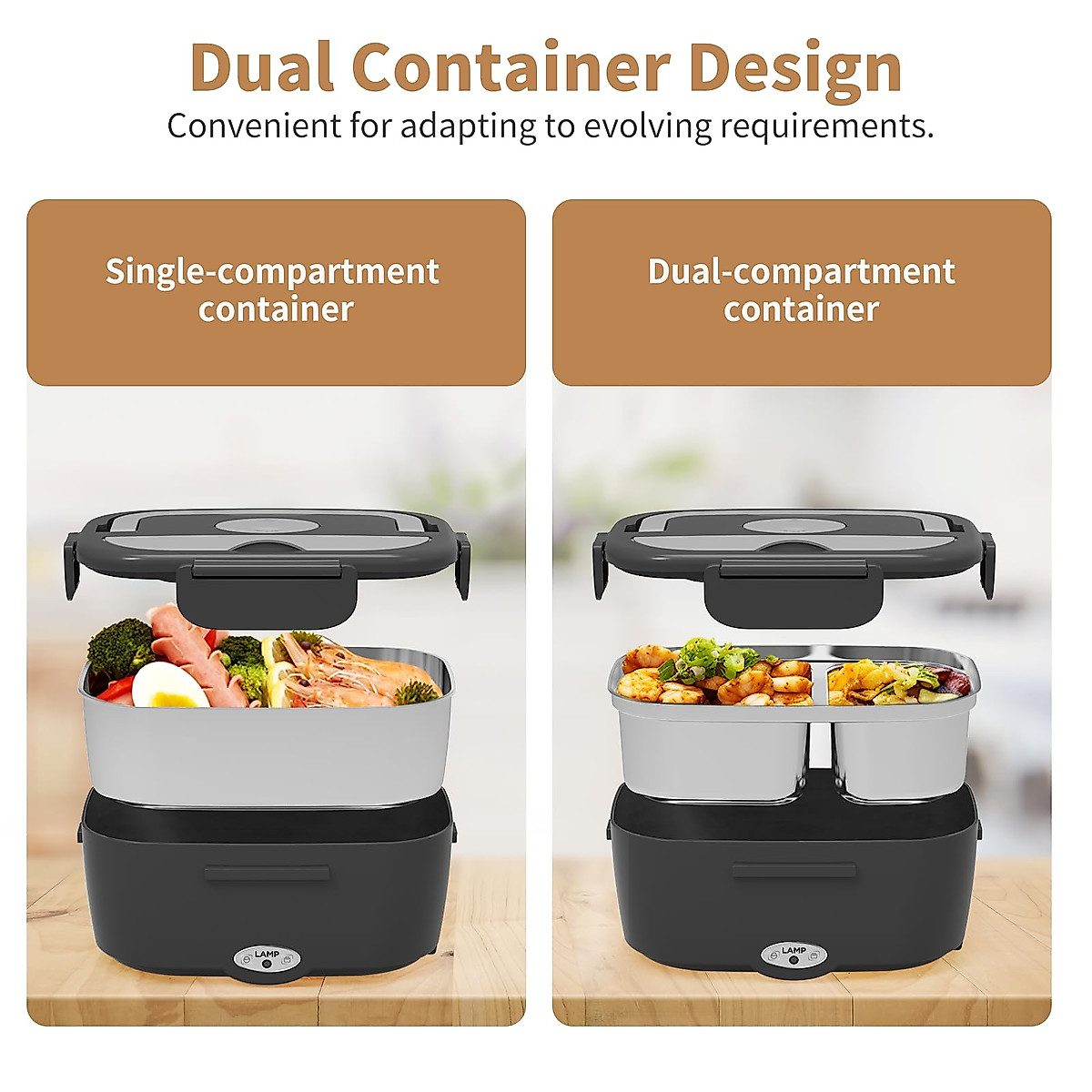 Geveniss Electric Lunch Box for Men, Women, Adults - 80W Fast Heating Lunch Box (12V/24V/110V) - Heated Lunch Box with Dual 1.5L SS Containers - Portable Food Warmer for Car, Truck, Office Use