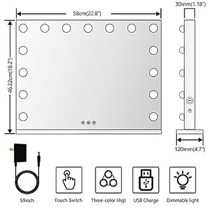 Gvnkvn 22.8 x 18.2 Vanity Makeup Mirror with Lights, 10X Magnification,Large Hollywood Lighted Vanity Mirror with 15 Dimmable LED Bulbs, USB Charger Port, Tabletop or Wall-Mounted White