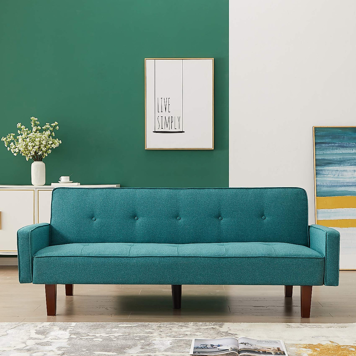 Olela Sofa Bed Convertible Sofa Couch Futon Sleeper Linen Fabric Reclining Sofa with Armrest Wood Legs for Living Room Furniture (Green)