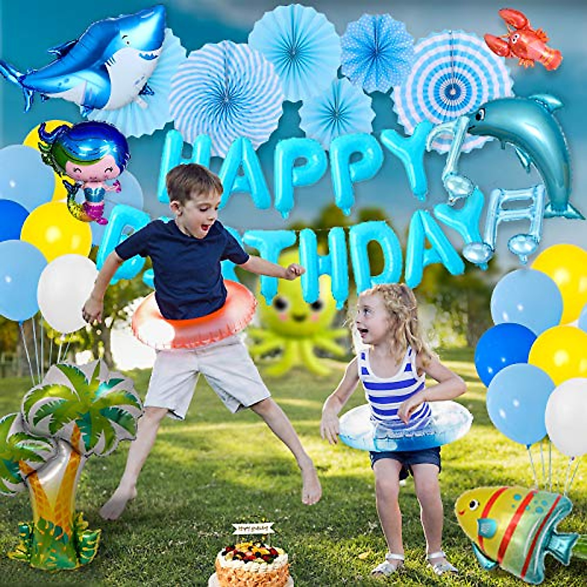 GoGoGoodie Ocean Theme Birthday Party Decorations Shark Birthday Decorations for Boys - Under the Sea Party Include Sea Animal Balloons birthday Banner Navy Blue Hanging Paper Fans Latex Balloons