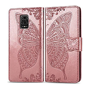 MRSTERUS Leather Case Redmi Note 9S Case Embossed Butterfly Premium PU Leather Folio Magnetic Stand Shockproof Wallet Case Cover with Card Slots for Redmi Note 9 Pro Butterfly Rose Gold SDB