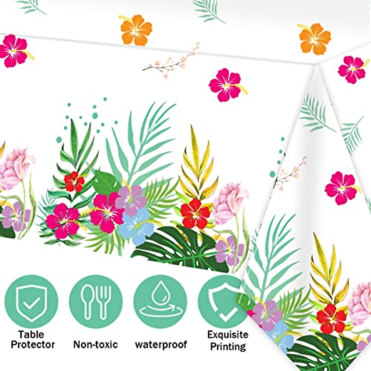 3 Pack Hawaiian Luau Tablecloths for Party Decoration, Hawaii Disposable Plastic Rectangular Table Covers, Aloha Tropical Palm Leaves Table Cloth, Summer Beach Kids Birthday Cocktail Party Supplies