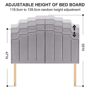 Kingfun Mid Century Headboard for Queen Size Bed, Velvet Upholstered Tufted Bed Headboard with Nailhead Decor, Adjustable Curved Solid Wood Head Board Vertical Channel Design (Medium Grey)