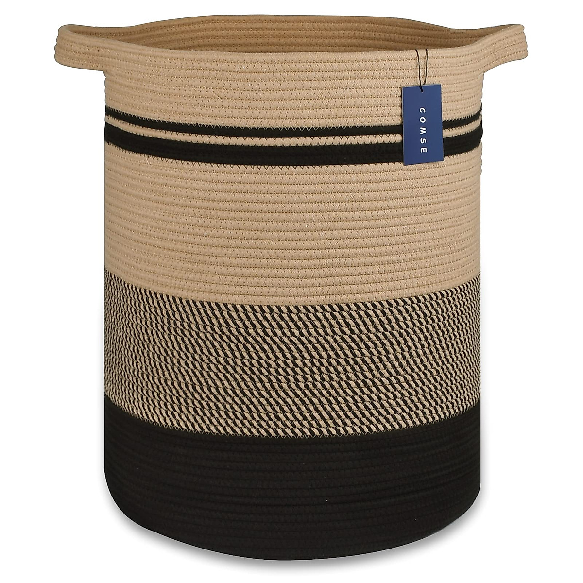 COMSE Extra Large Laundry Basket, Tall Blanket Basket, Laundry Hamper with Handles, 15.7”x 21.7”, Cotton Rope Basket, Woven Laundry Basket, Toy Basket, Clothes Baskets,Woven Basket, Brown/Black