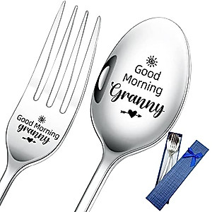 HSSPIRITZ 2 Pieces Good Morning Granny Funny Engraved Stainless Spoon Fork Set,Restaurant Dinner Spoon and Fork With Gift Box,Best Gifts for Grandma Mom Birthday Mother's Day Christmas