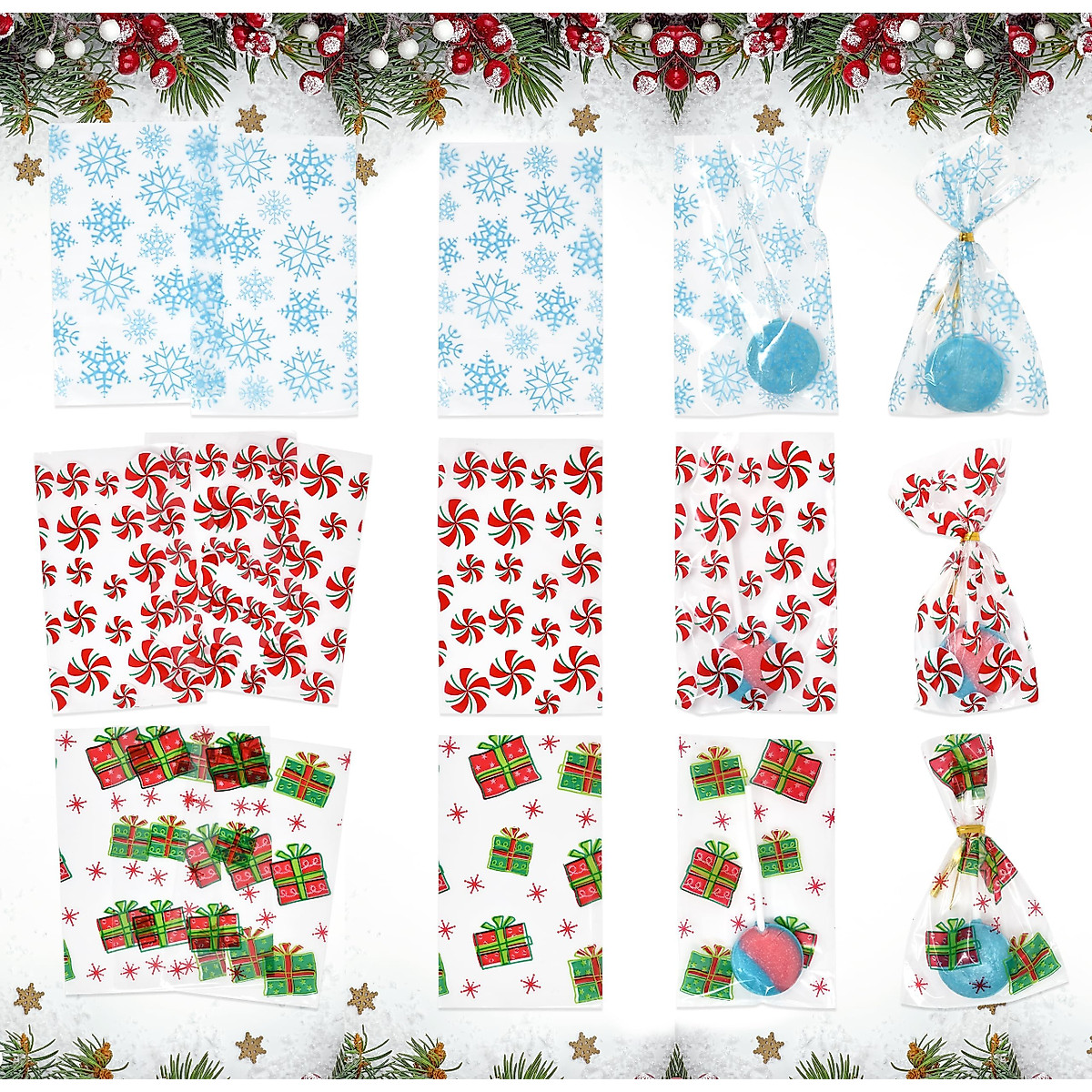 Gift Boutique 600 Small Christmas Treat Bags 3" x 5" with 600 Twist Ties Holiday Plastic Cellophane Bag for Making Your Own Lollipop Cake Pops Candy Lolly Chocolate & Cookies Easy Gift Wrapping Cello