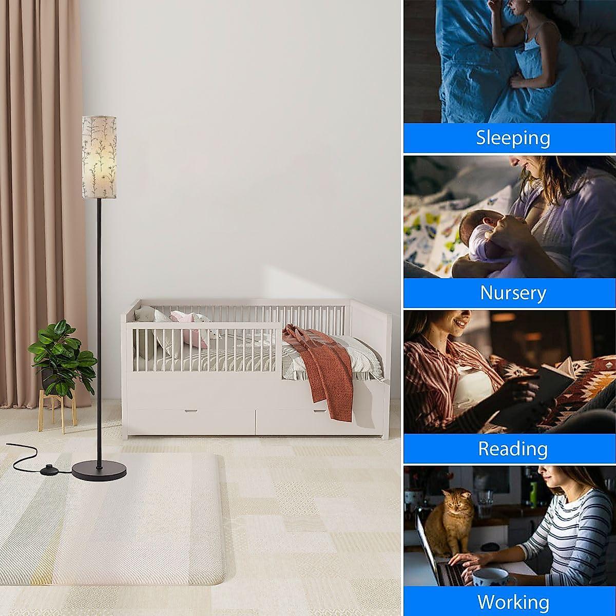 RZNTJHUINA Modern Boho Standing Lamps Hand Drawn Wild Flower Silhouette Gray Minimalist Floor Lamp Metal Pole Lamp with Linen Lampshade for Bedroom Living Room Office Nursery Reading Foot Switch