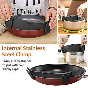 YEVIOR Clip on Strainer for Pots Pan Pasta Strainer, Silicone Food Strainer Hands-Free Pan Strainer, Clip-on Kitchen Food Strainer for Spaghetti, Pasta, Ground Beef Fits All Bowls and Pots - Black