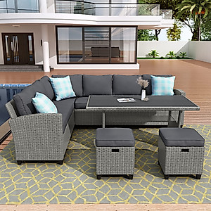 FANYE 5 Pieces All Weather Outdoor Patio Furniture Conversation Sets PE Wicker Rattan Sectional Couch Include 1 Table, 2 Sofas, 2 Ottomans and 3 Pillows Corner, Dark Gray