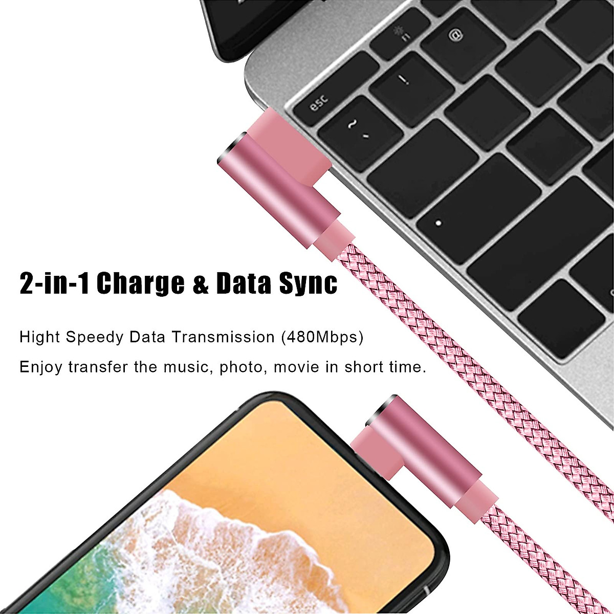 finekeep iPhone Charger Cord 3 FT, MFi Certified iPhone Charger Cable Short Lightning Cable 90 Degree Fast Data Cable Nylon Charging & Syncing Cord for iPad/iPhone13/12/11/XR/XS/Max/X(Pink), 3FT