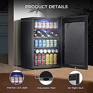 Kismile 4.5 Cu.ft Beverage Refrigerator and Cooler, 145 Can Mini Fridge Glass Door w/Digital Temperature Display for Soda, Beer or Wine, Small Drink Dispenser Cooler for Home, Office or Bar