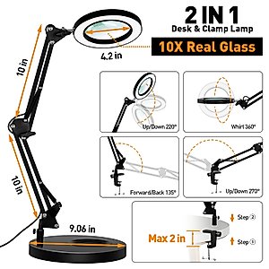 KMDES Magnifying Glass with Light and Stand, 10X Real Glass LED Magnifying Lamp, 3 Color Modes 10 Level Dimmable Lighted Magnifying Glass, 2-in-1 Magnifier Desk Lamp & Clamp for Reading Crafts Repair