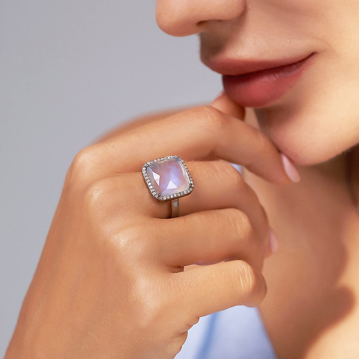 Jupiter 925 Sterling Silver Natural Moonstone Ring with Diamond Square Gemstone Ring Jewelry Gifts for Women (13x13mm Moonstone, Ring Size 6)