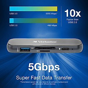 Verbatim 6-in-1 USB C Hub - Type C Hub w/ 100W PD, USB 3.0, SD Card Readers, 4K HDMI, 3.5mm Audio USB Hub for Laptop, Portable & Compact USB-C Hub