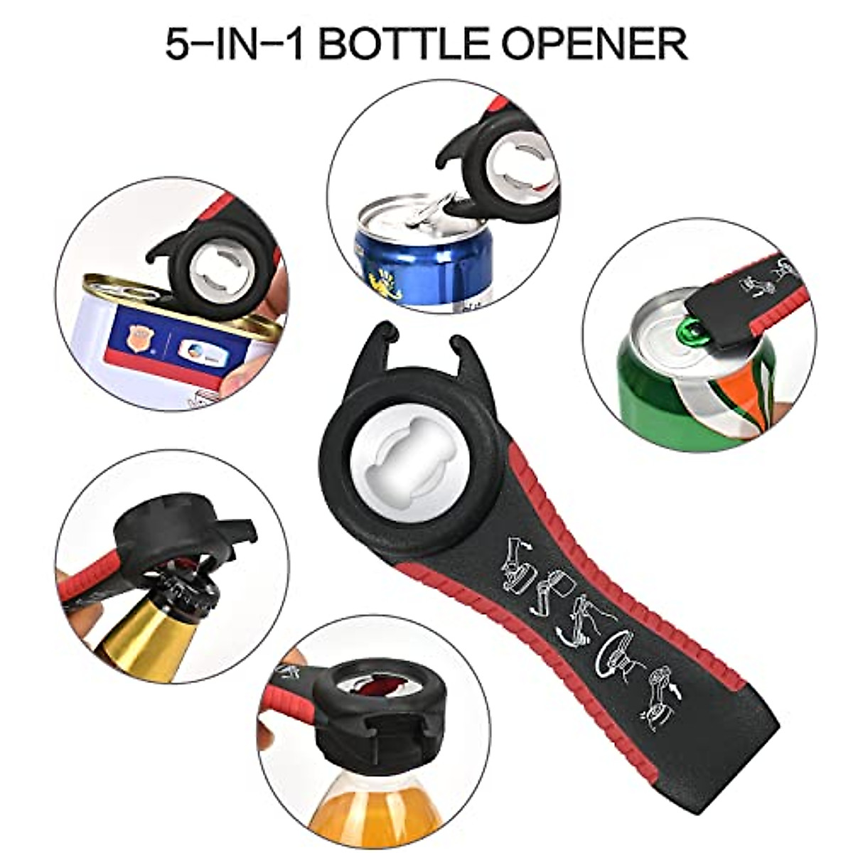 Elyum Jar Opener, 5 in 1 Bottle Opener Multi-Function Can Opener with Silicone Handle, Jar Opener for Weak Hands, Seniors with Arthritis, Lid Opener for Children (Red, 2-Piece Set)