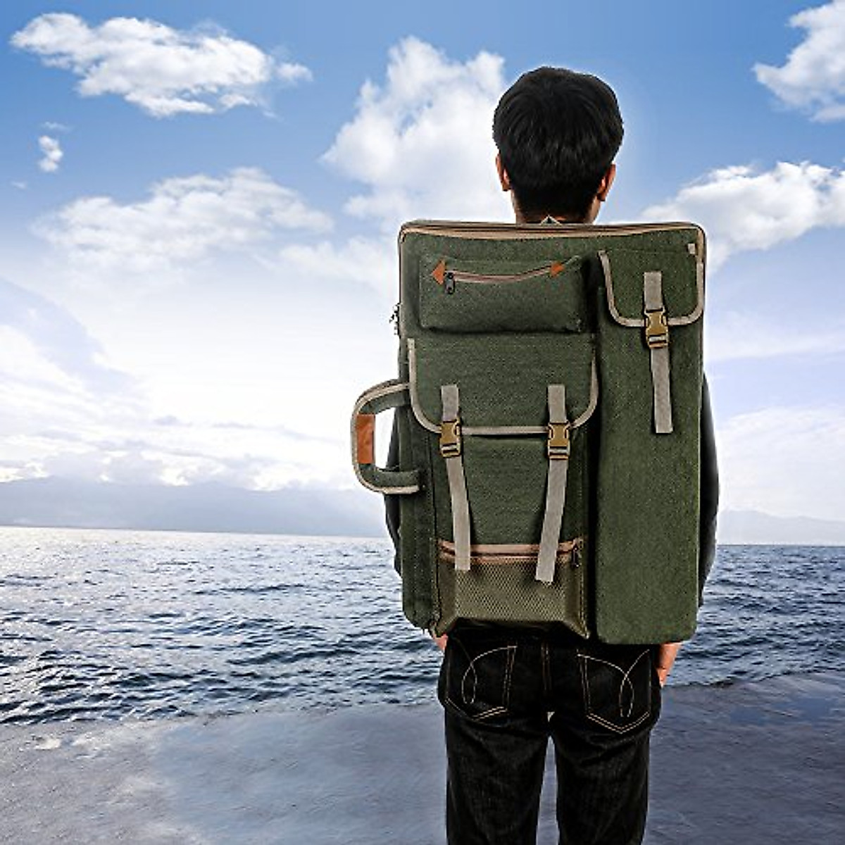 Tanchen 4K Canvas Artist Portfolio Carry Shoulder Bag Multifunctional Drawboard Bags for Drawing Sketching Painting (Army Green)