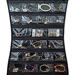 JSXD Hanging Jewelry Organizer,Dress-like Double Side 84 Clear Pockets and 6 Hook Loops Storage for Holding Jewelries (Black)