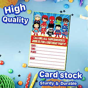 20x Super Hero Kids Birthday Invitations and Envelopes – Fill-in Happy Birthday Party Invitations for Kids, 6X4 Inches, Postcard Style