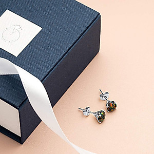 Peora 14K White Gold Created Black Fire Opal Stud Earrings for Women, Hypoallergenic Solitaire 1 Carat total Round Shape 6mm, October Birthstone, Friction Back