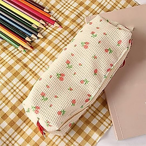 2 PCS Pink Strawberries Women Fresh Style Pencil Bag Flower Floral Canvas Large Pen Pencil Pouch Bag Pencil Case Pen Holder Coin Pouch, Simple Cosmetic Storage Bags Makeup Bag Office Stationery