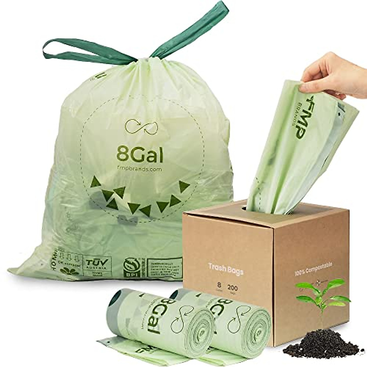 FMP Brands 200 Count 8 Gallon Compostable Drawstring Trash Bags, Extra Thick 1 Mil, Leak-Proof Kitchen Bag, 100% Compost Garbage Bag for Home Office Bathroom, BPI, ASTM D6400, OK Compost Certified
