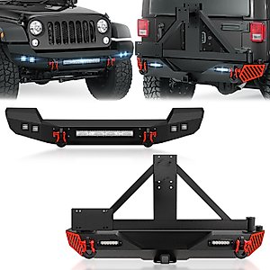 YZONA Full Width Front & Rear Bumper with Spare Tire Carrier Compatible with 2007-2018 Jeep Wrangler JK JKU Unlimited with Paintable Armor, LED Lights, License Plate Bracket, Hitch Receiver & D-rings