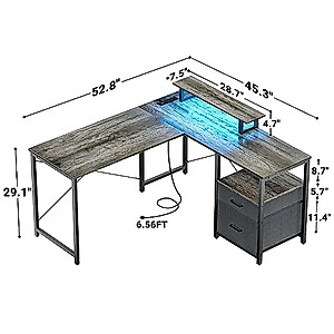 Homieasy L Shaped Computer Desk with Storage File Drawer, Reversible Home Office Desk with Recessed Power Strip and Led Strip, Corner Gaming Desk Work Study Table with Monitor Stand, Black Oak