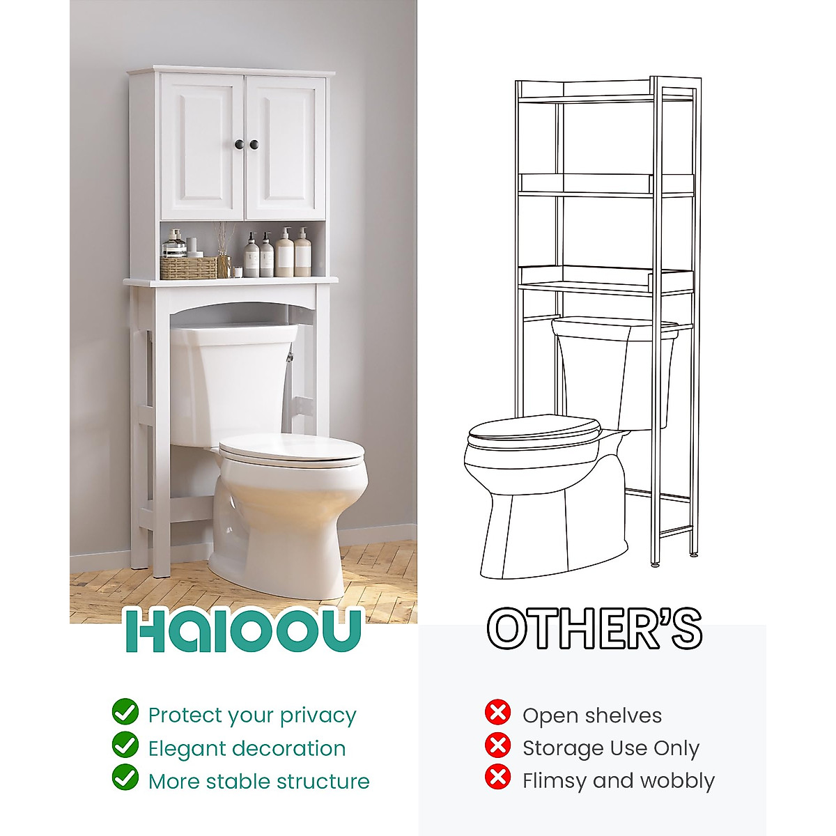 HAIOOU Over The Toilet Storage Cabinet with Motion Sensor LED Light, Double Door Bathroom Essentials Storage Organizer Space-Saving Toilet Rack with Buffering Hinges, Adjustable Shelf - Modern White