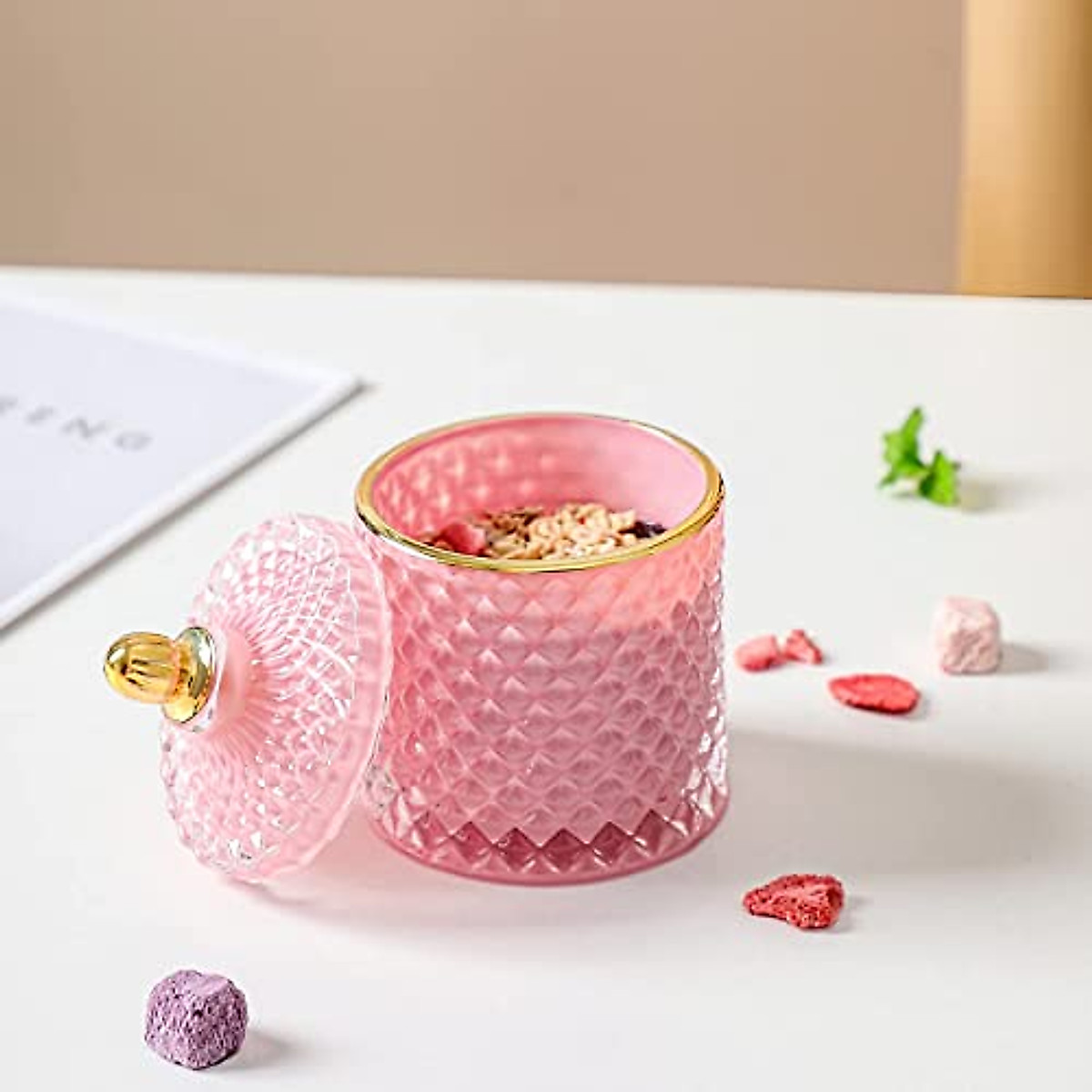 EVEREST GLOBAL European Glass Storage Jar Candy Bowl with Cover Sugar Cans Sugar Bowl with Lid Diamond Candy Box Jewelry Storage Jar Kitchen Storage Jar (Pink, D 3.35" H 5.12")