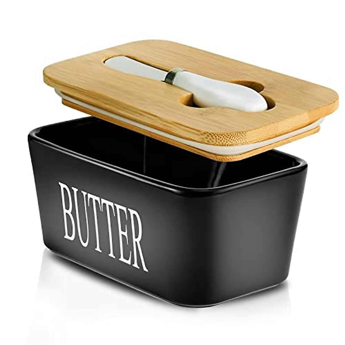 Hasense Butter Dish with Bamboo Lid and Knife, Large Butter Keeper Container for Counter, Airtight Butter Holder with Cover for Kitchen,Black