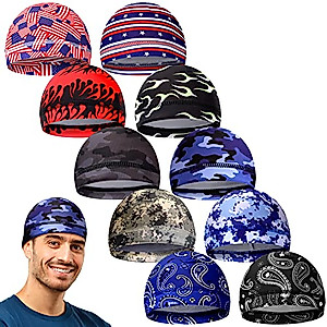 Tarpop 10 Pcs Men Cooling Skull Caps Welding Caps Hard Helmet Liner Cycling Skull Caps Wicking Beanie Do Rag Head Wrap(Novelty Style) Multicolor
