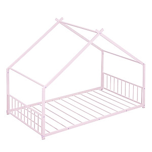 KTATK Metal Twin Size House Bed with Roof and Slats Support,Playhouse Design Montessori Floor Bed Frame W/Headboard & Footboard,No Box Spring Needed,for Kids Girls Boys,Pink