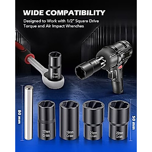OMT Twist Socket Tool Set, 1/2" Drive 5pc Nut and Bolt Extractor Set, Rounded Bolt & Stripped Lug Nut Remover Tool Kit