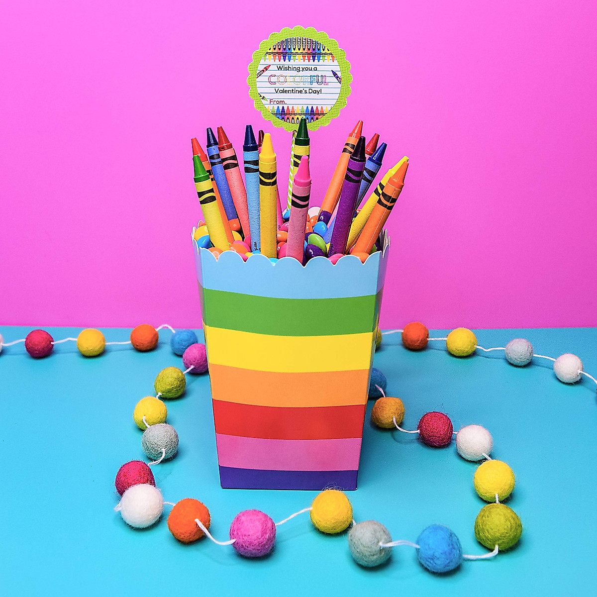 Colorful Crayon Valentine Party Favor Sticker Labels, 40 2" Party Circle Stickers by AmandaCreation, Great for Classroom Valentines, Envelope Seals, Gifts & Treats